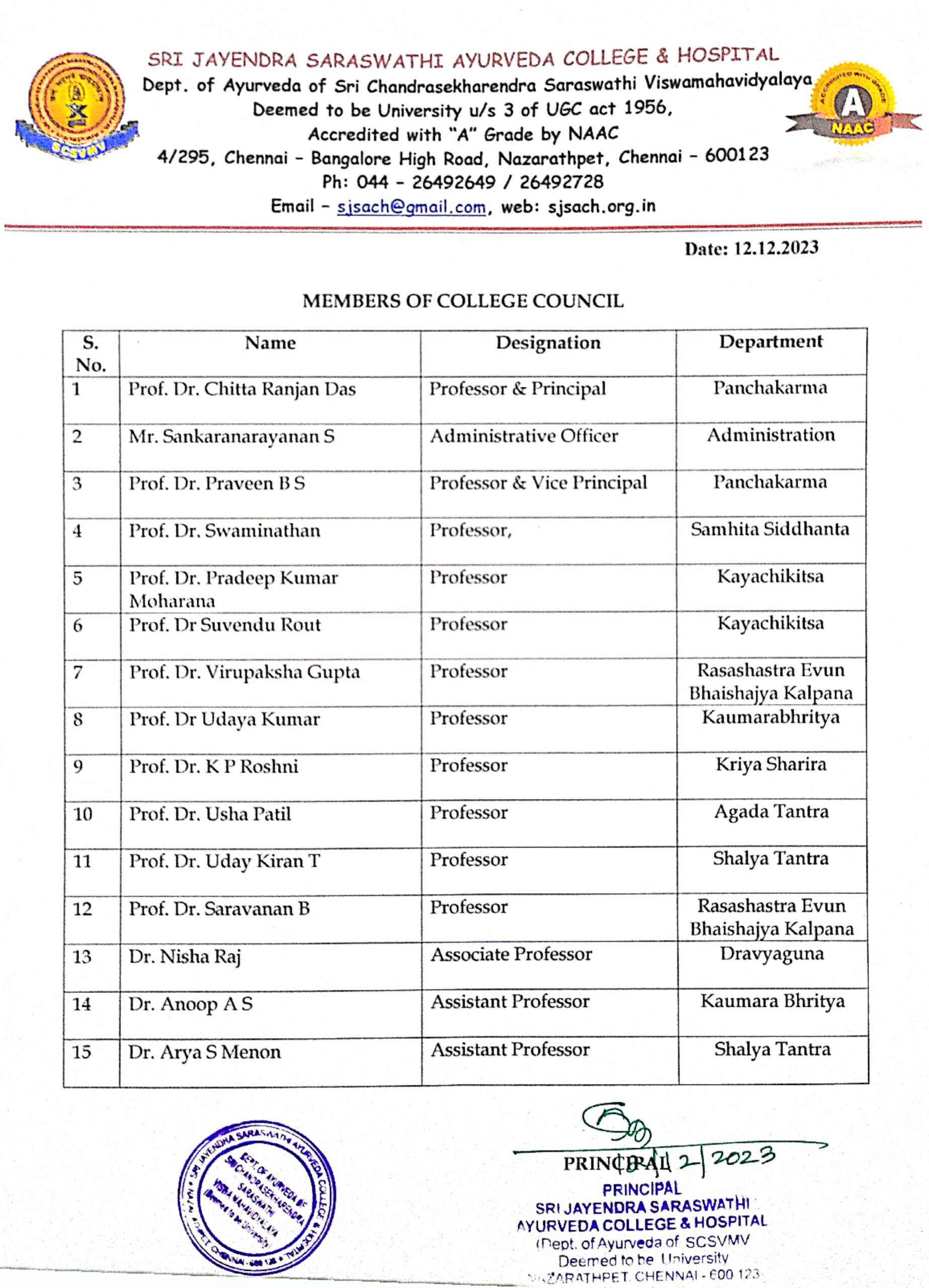 Committees - Sri Jayendra Saraswathi Ayurveda College & Hospital
